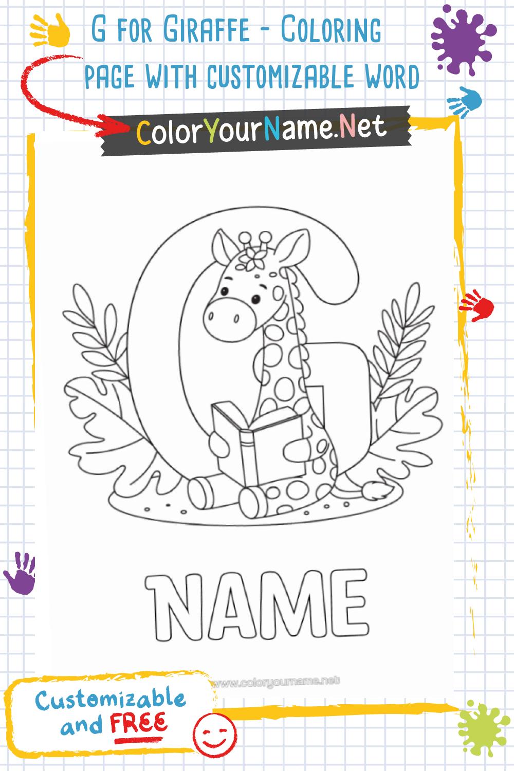G for Giraffe – Coloring page with customizable word