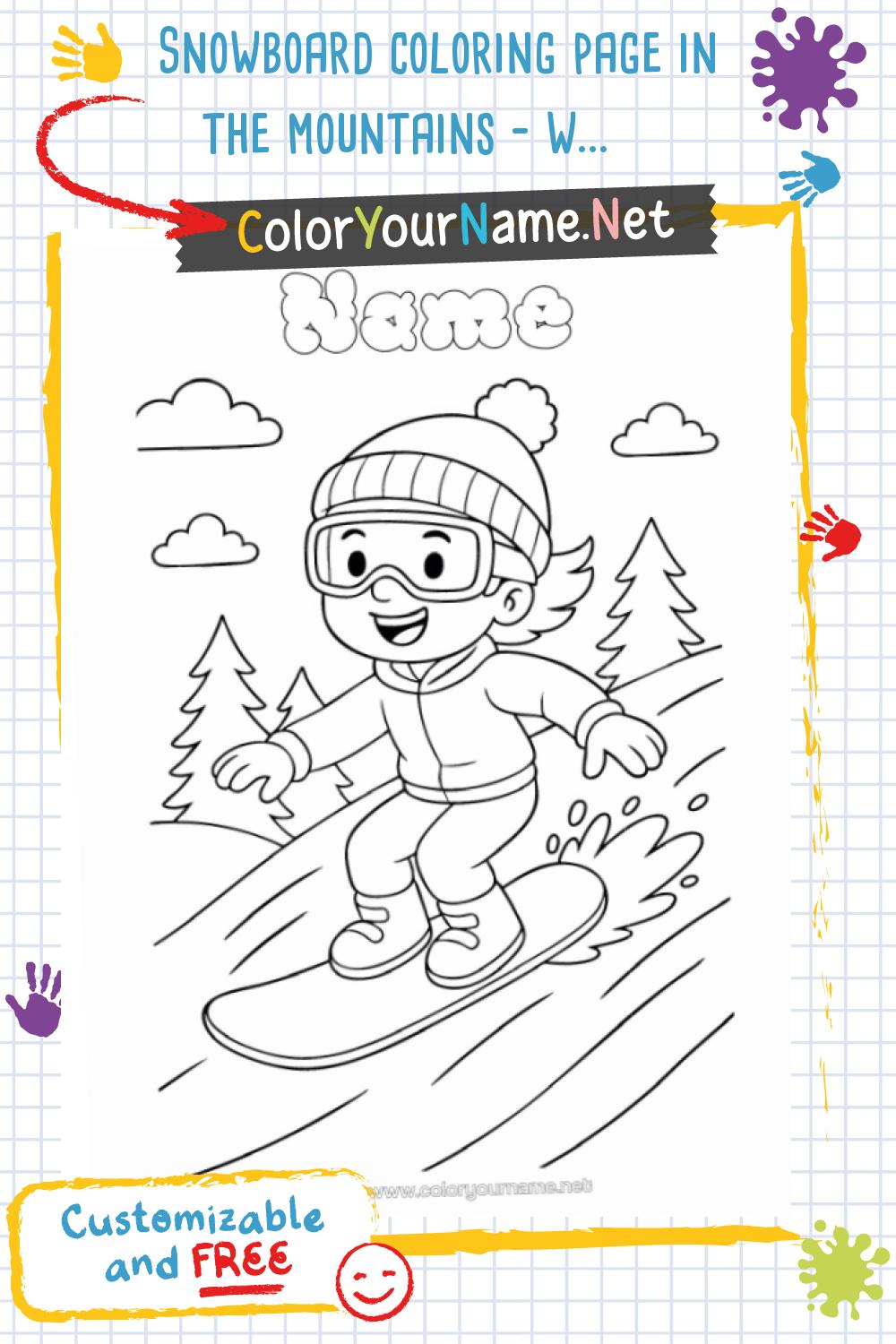 Snowboard coloring page in the mountains – with customizable name