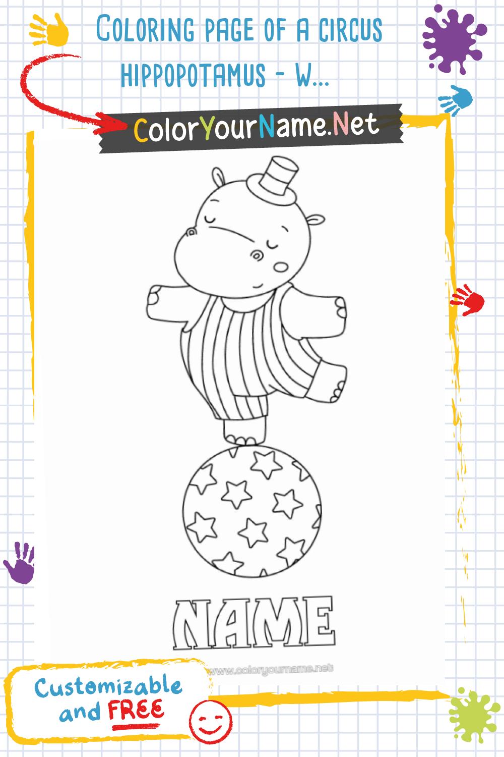 Coloring page of a circus hippopotamus – with customizable name