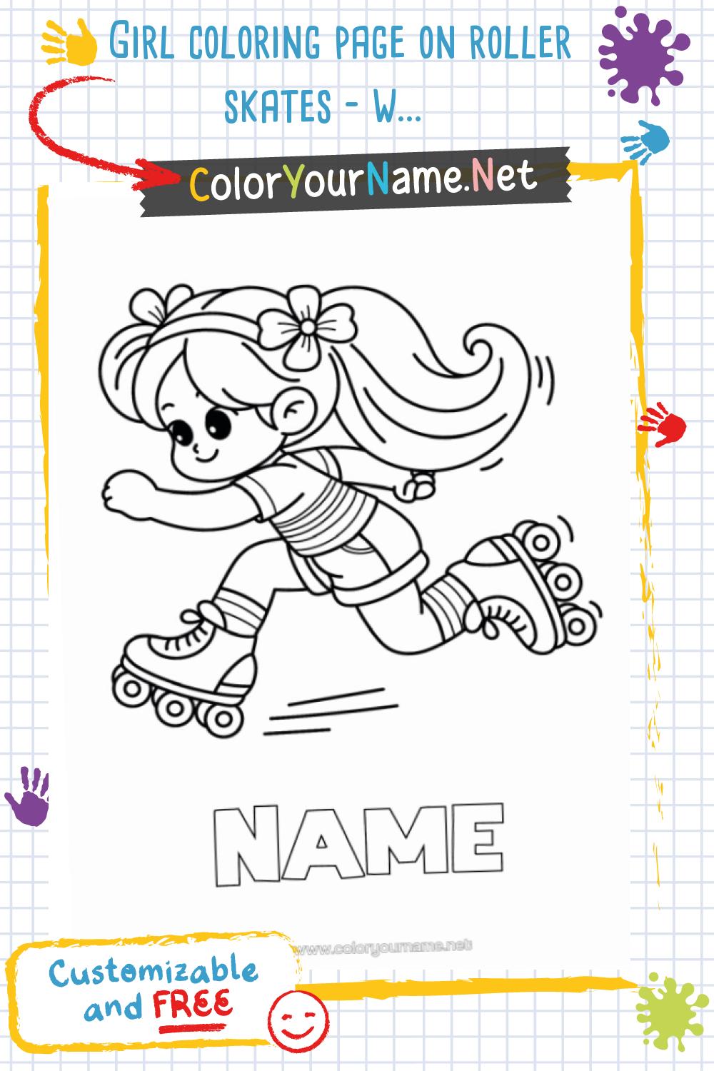 Girl coloring page on roller skates – with customizable name