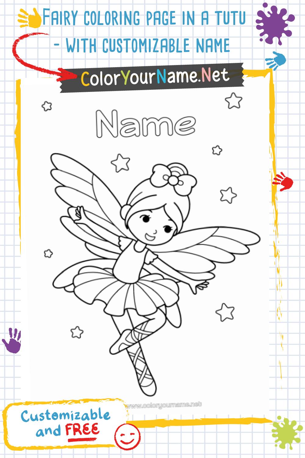 Fairy coloring page in a tutu – with customizable name