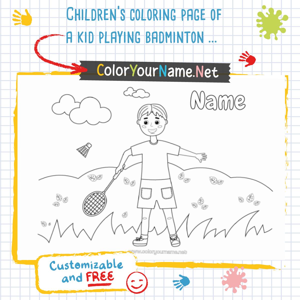 Children's coloring page of a kid playing badminton – with customizable ...