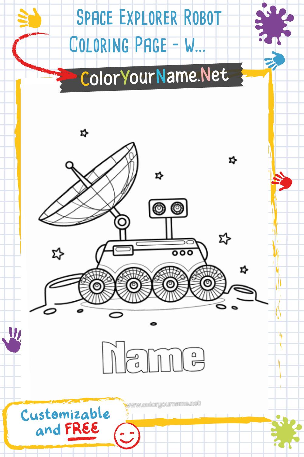Space Explorer Robot Coloring Page – with customizable name
