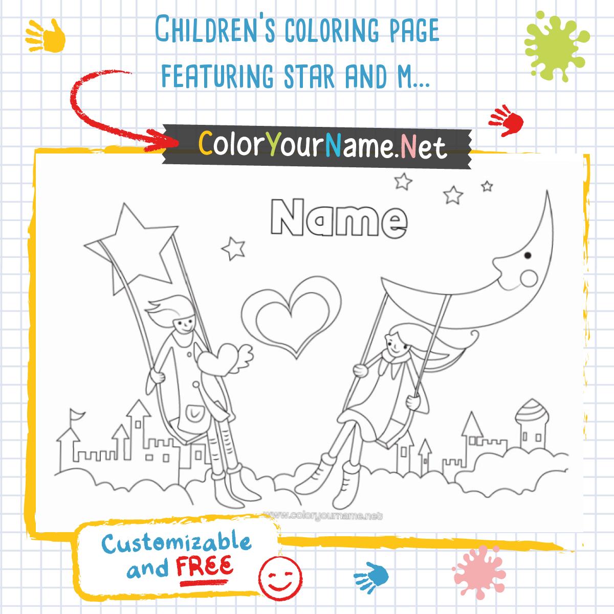 Children's coloring page featuring star and moon swings – with name