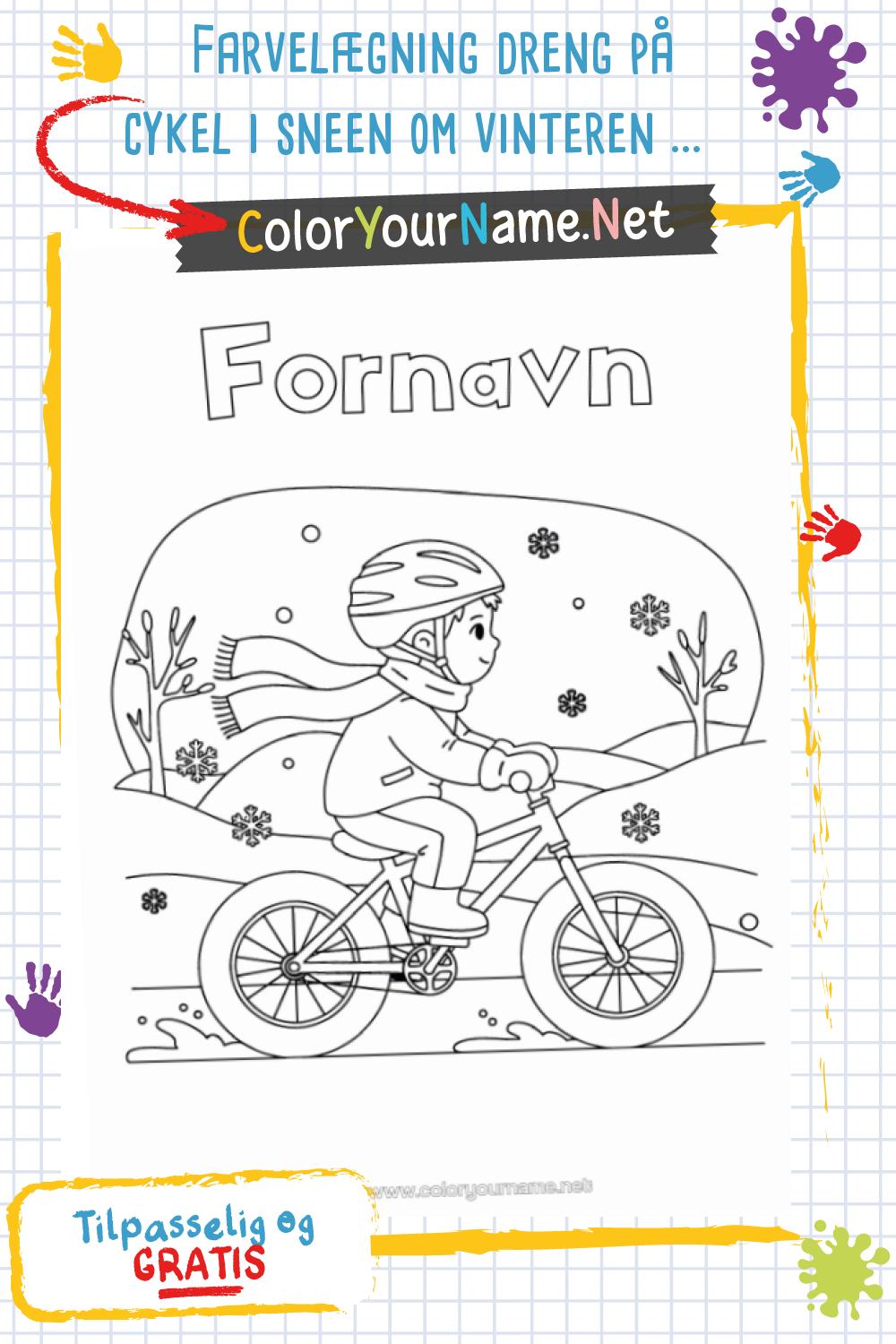 Farvelægning dreng på cykel i sneen om vinteren – med navn