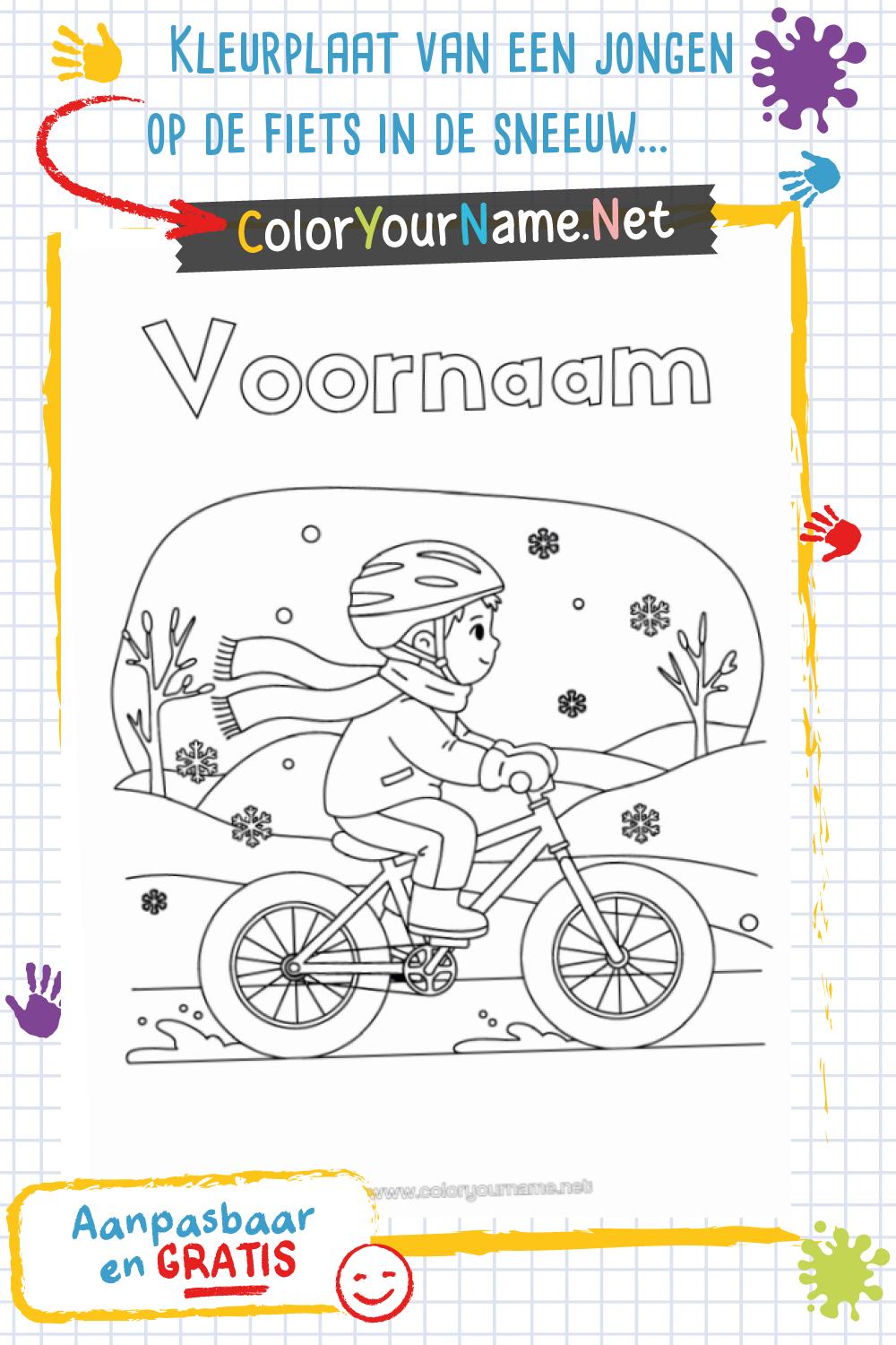 Kleurplaat van een jongen op de fiets in de sneeuw in de winter - met naam