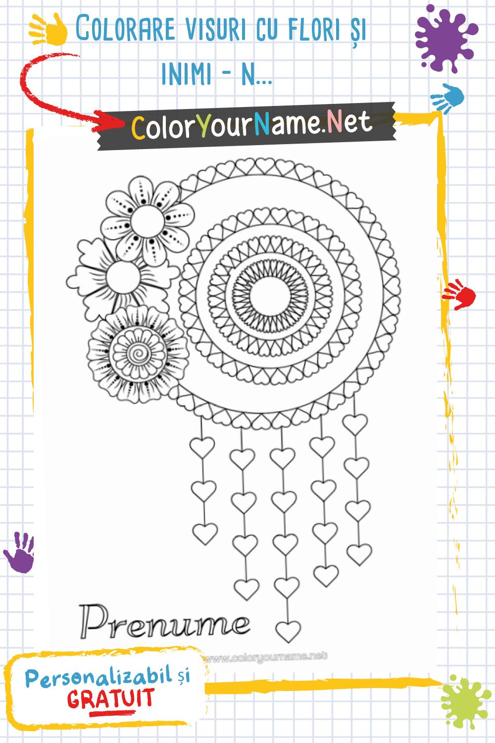 Colorare visuri cu flori și inimi – nume personalizabil