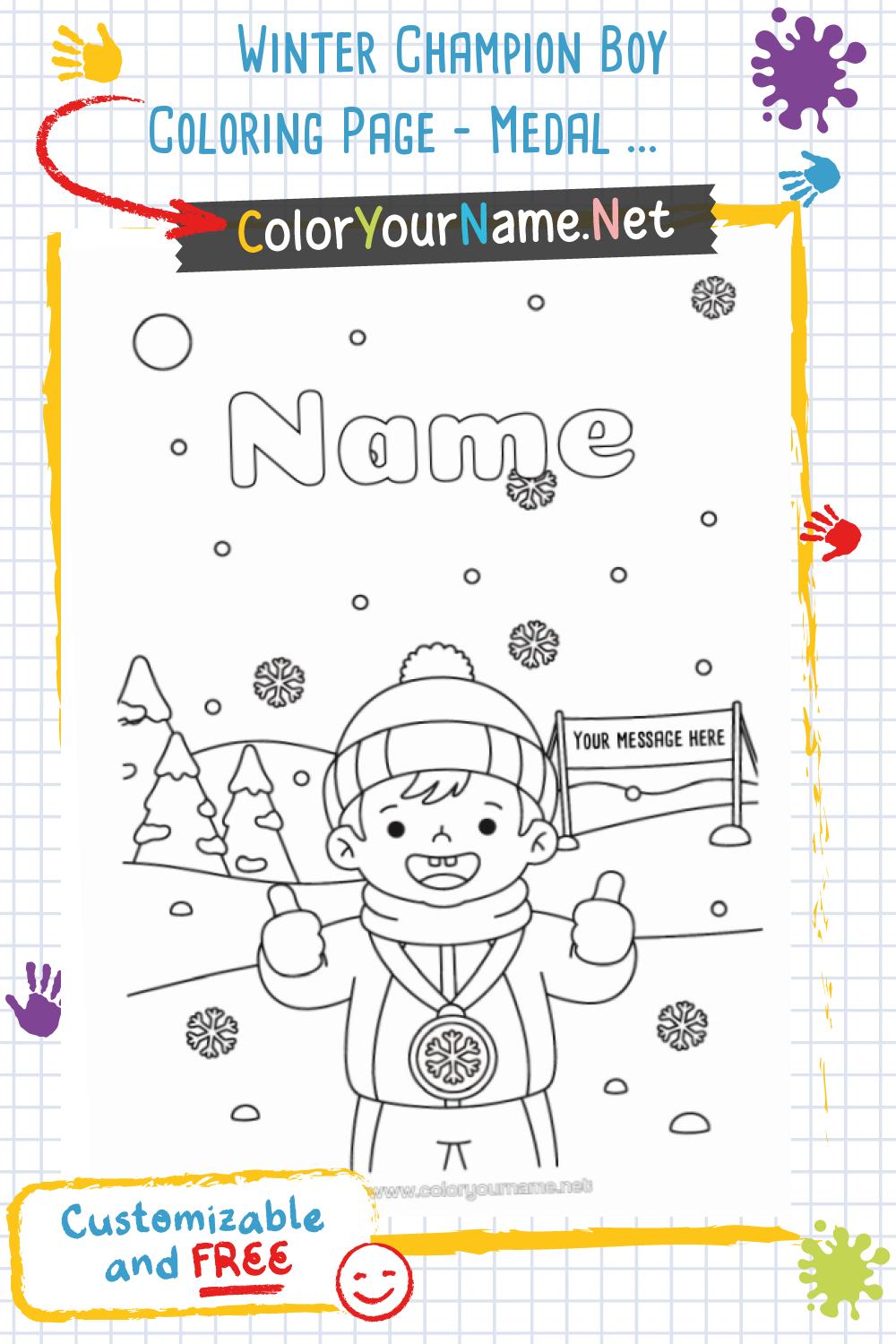 Winter Champion Boy Coloring Page – Medal and Snowy Background to ...