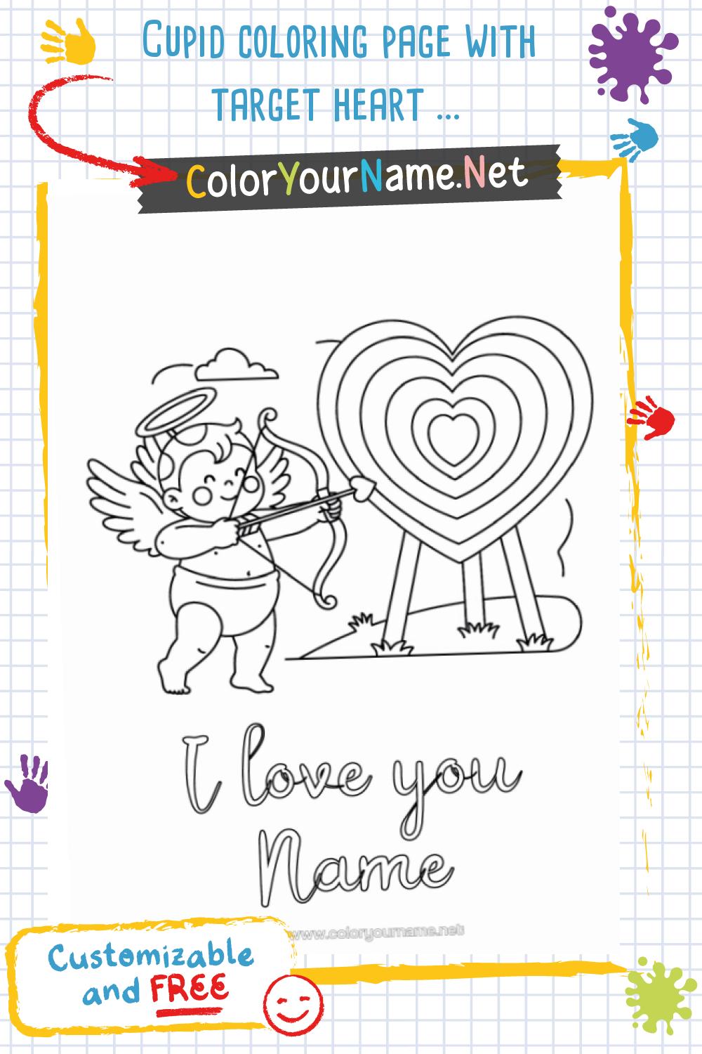 Cupid coloring page with target heart and customizable message – I love ...