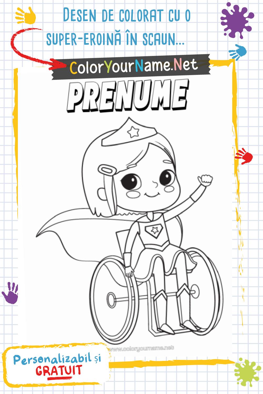 Desen de colorat cu o super-eroină în scaun cu rotile, personalizabil ...