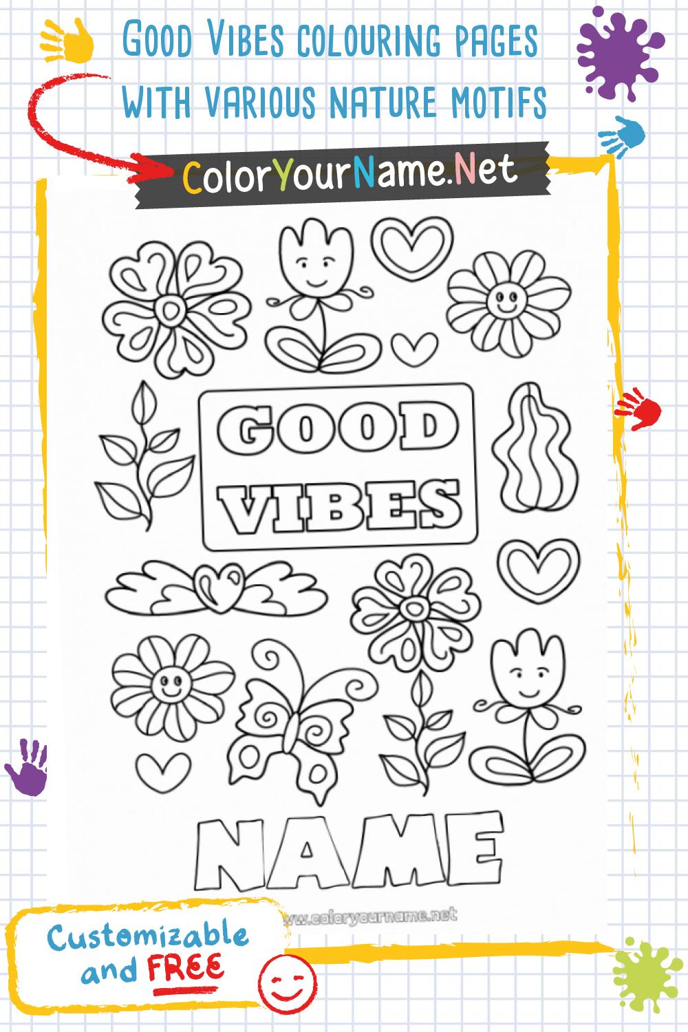 Good Vibes colouring pages with various nature motifs