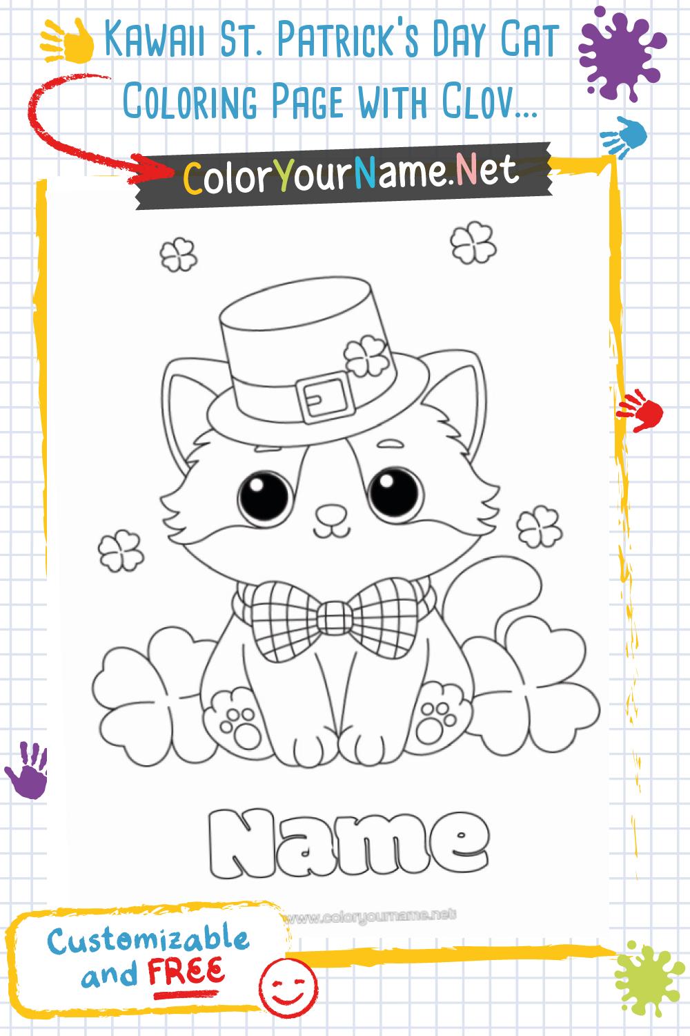 Kawaii St. Patrick's Day Cat Coloring Page with Clovers and Bow Tie ...