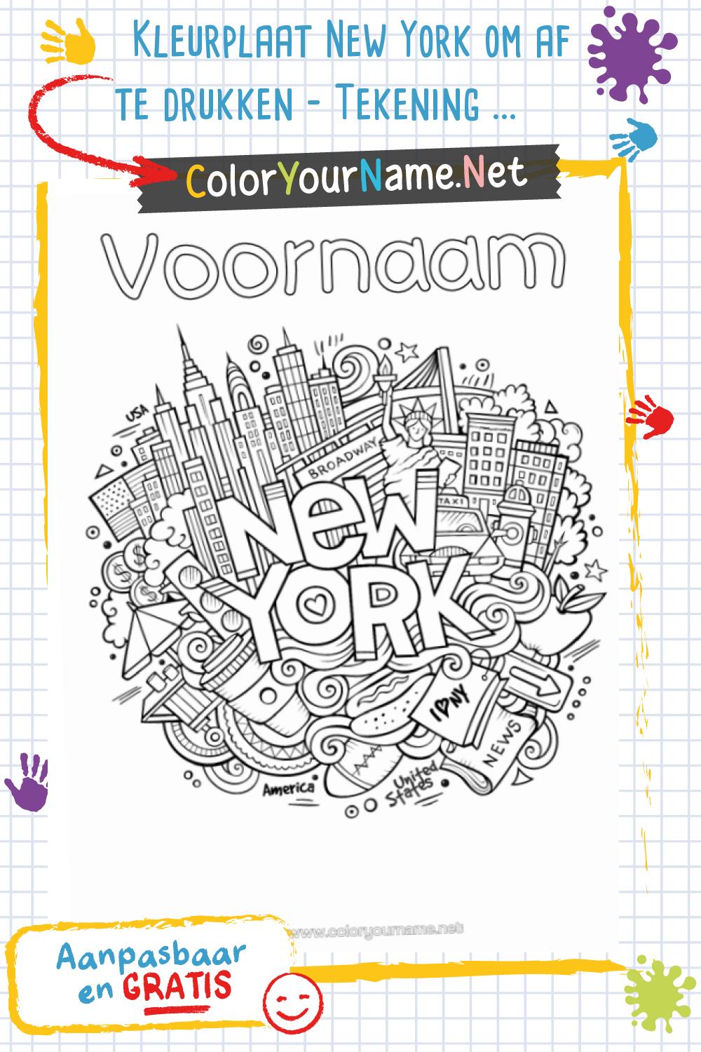 Kleurplaat New York om af te drukken – Tekening van de stad met symbolen