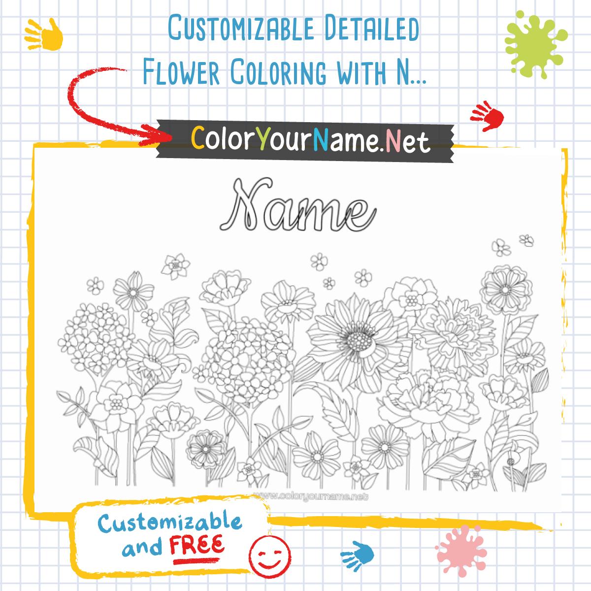 Customizable Detailed Flower Coloring with Name – Printable Floral Garden
