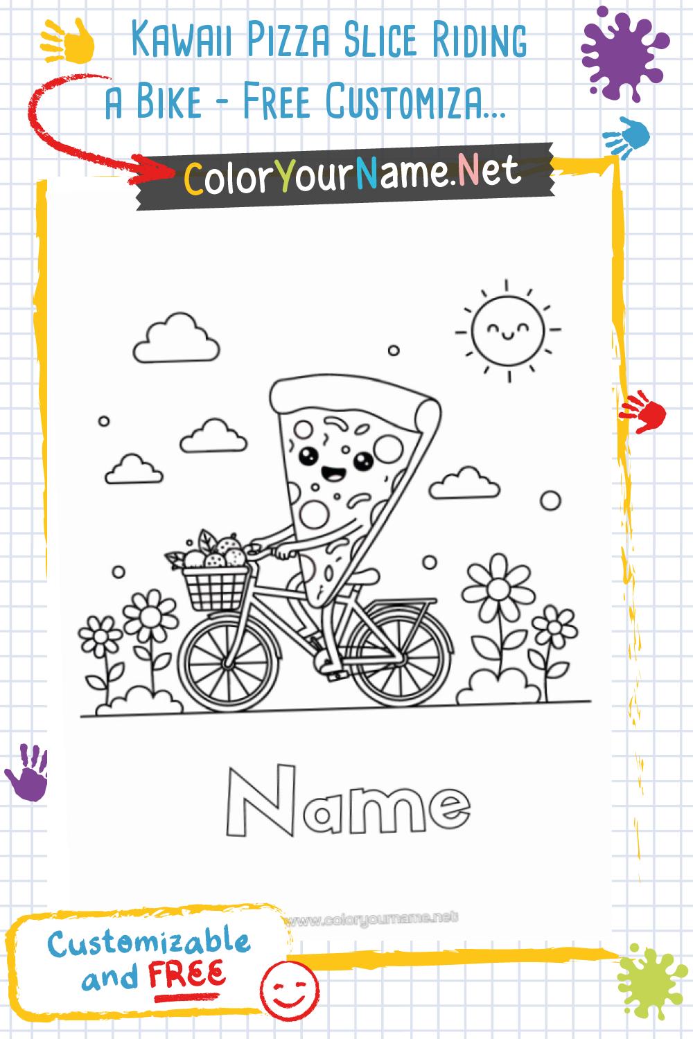 Kawaii Pizza Slice Riding a Bike – Free Customizable Coloring Page