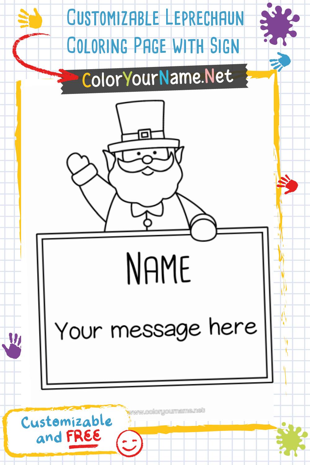 Customizable Leprechaun Coloring Page with Sign