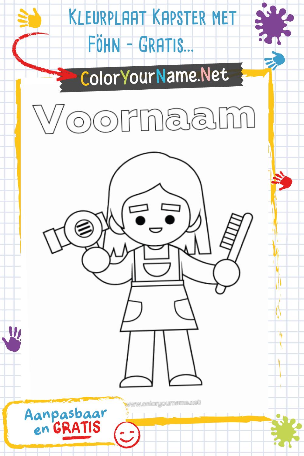 Kleurplaat Kapster met Föhn - Gratis en Personalisierbaar