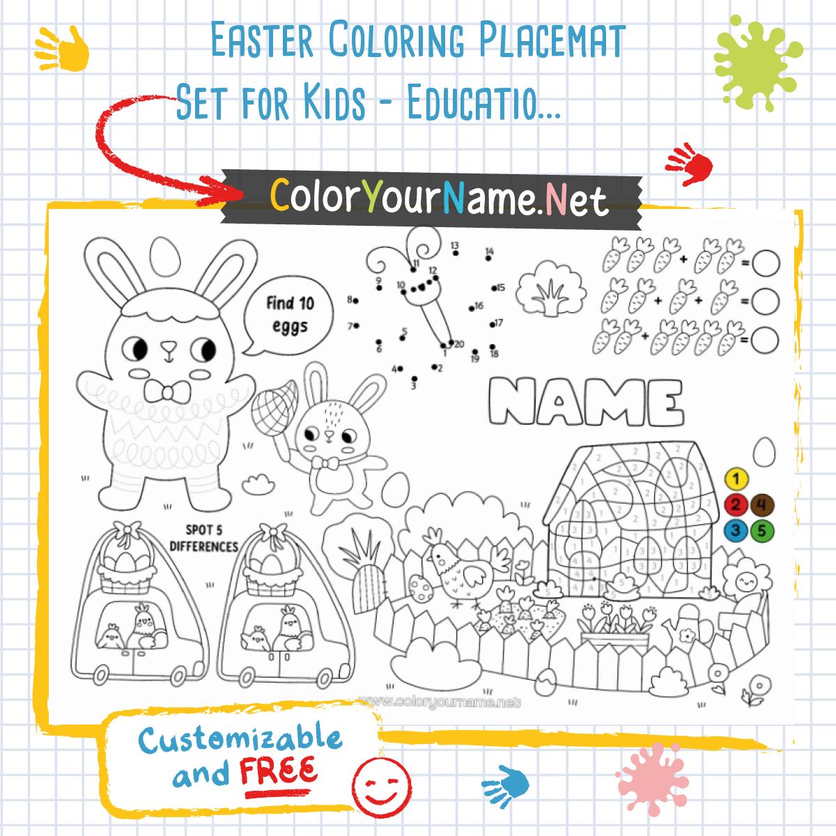 Easter Coloring Placemat Set for Kids – Educational Games with Bunnies ...