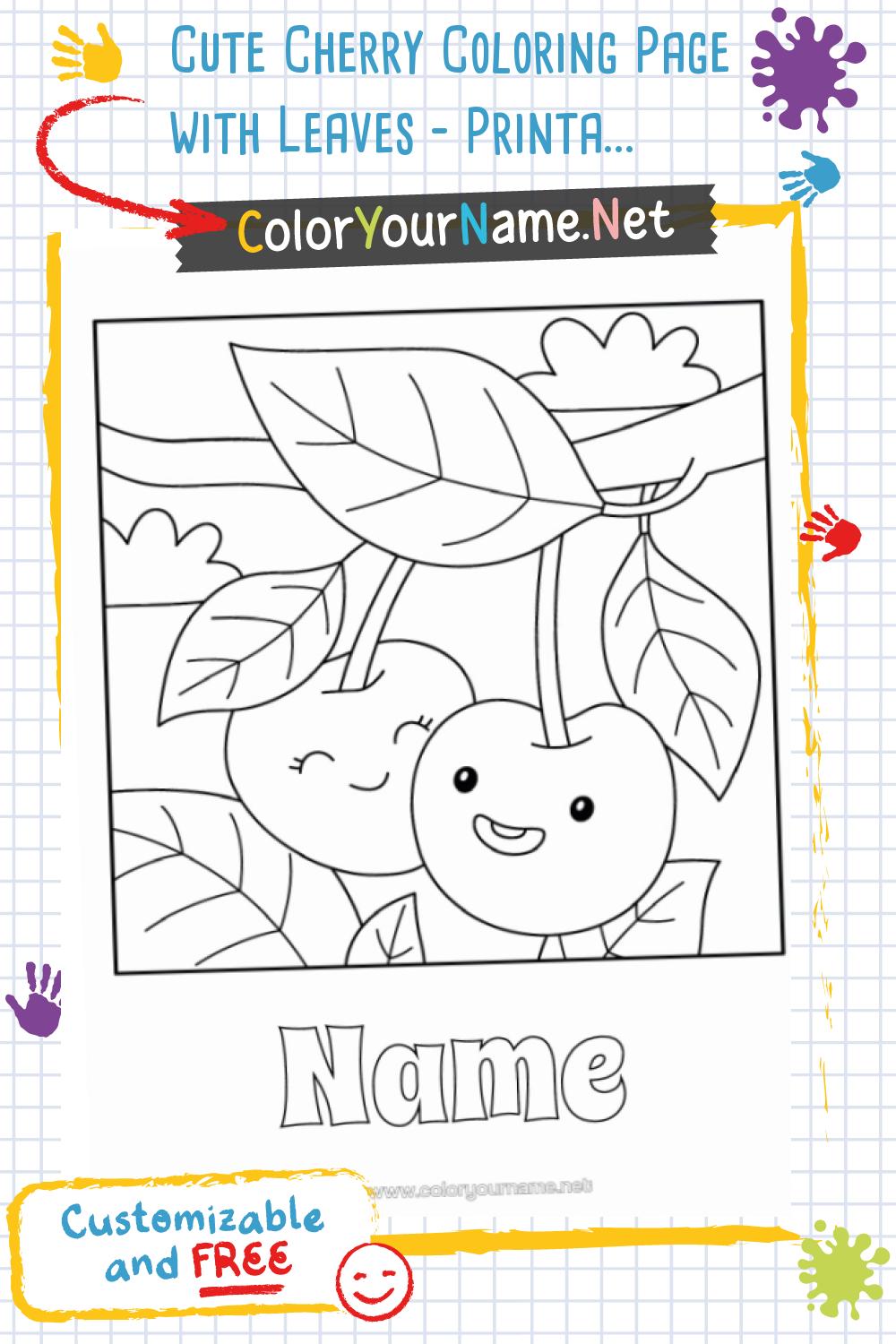 Cute Cherry Coloring Page with Leaves – Printable and Customizable ...
