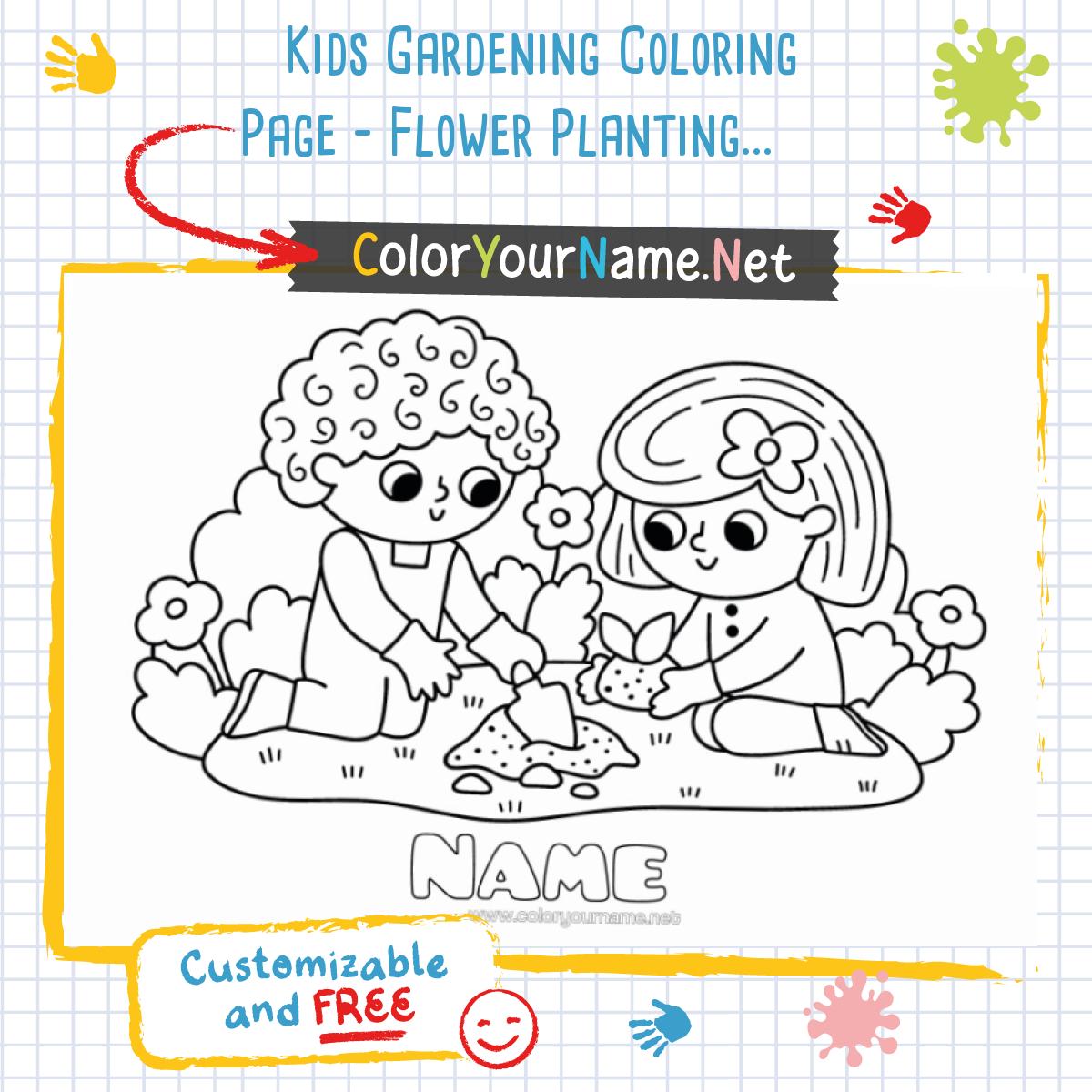 Kids Gardening Coloring Page – Flower Planting to Print and Personalize
