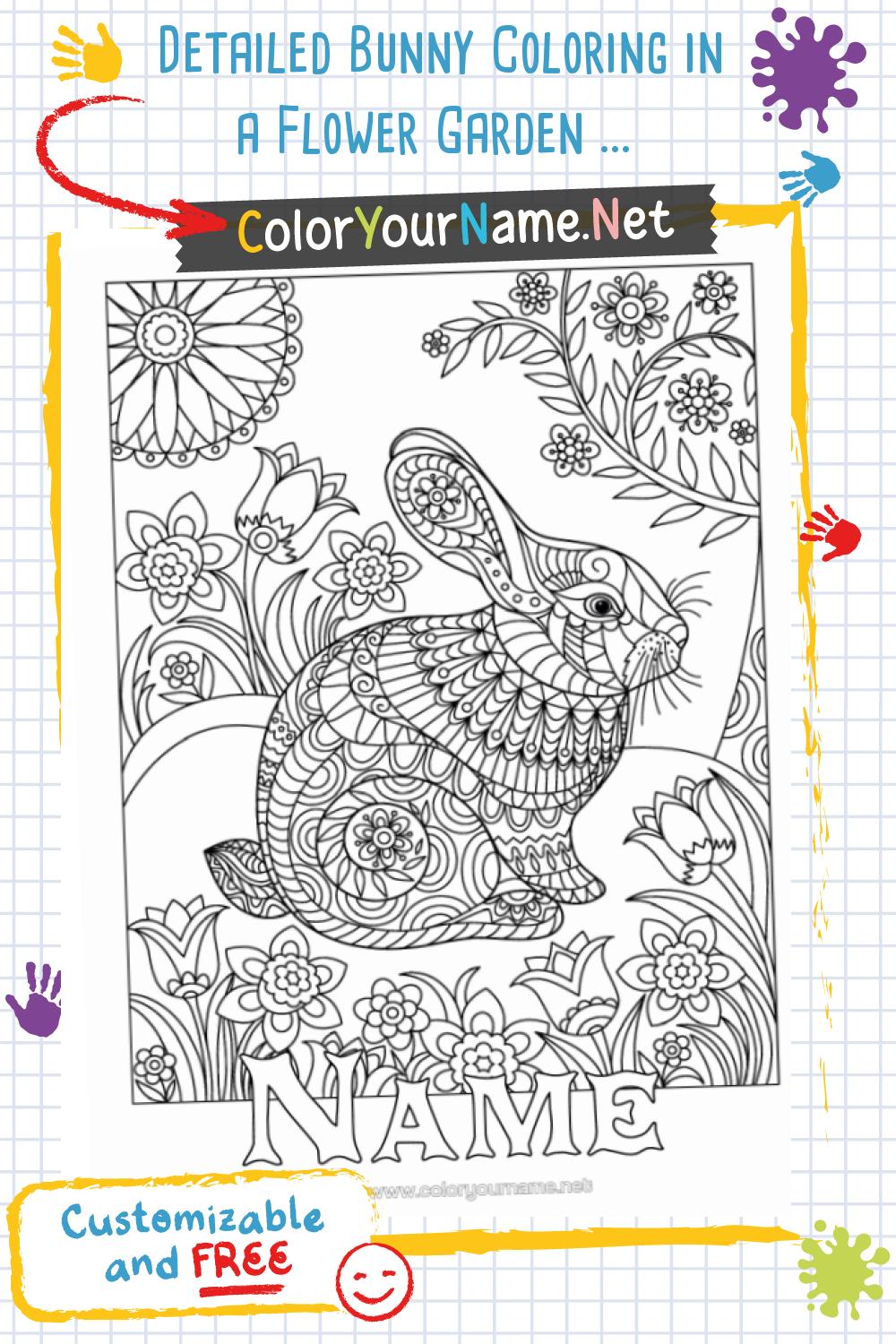 Detailed Bunny Coloring in a Flower Garden – Customizable Name