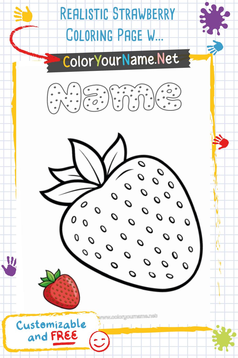 Realistic Strawberry Coloring Page with Customizable Name for Printing