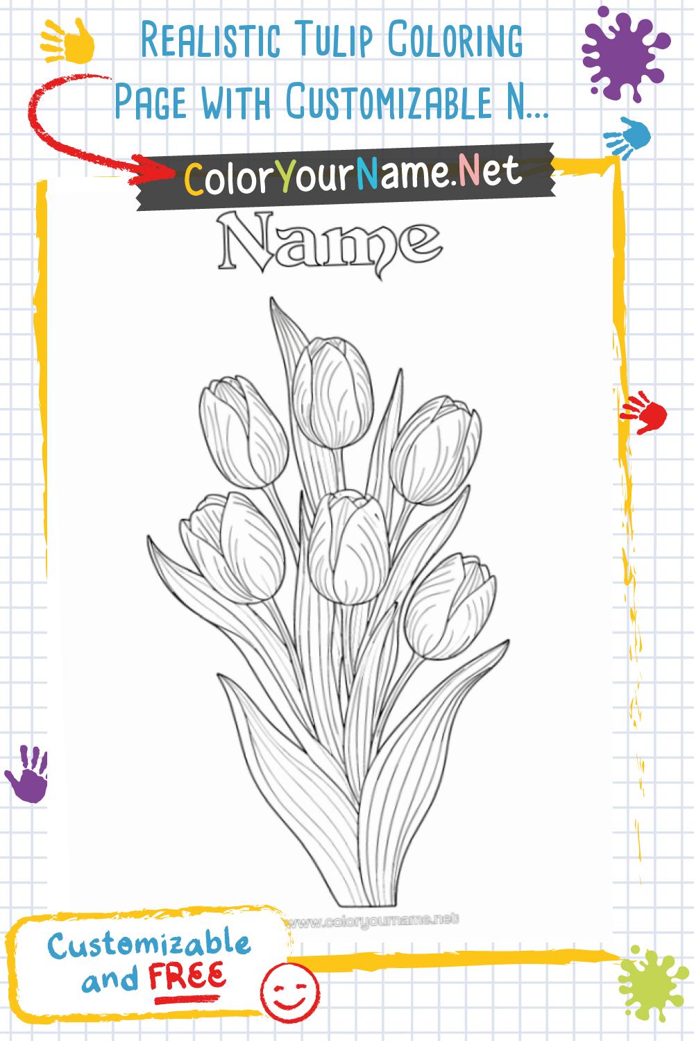 Realistic Tulip Coloring Page with Customizable Name – Detailed Tulip ...