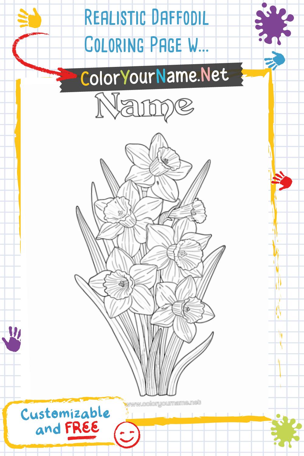 Realistic Daffodil Coloring Page with Customizable Name – Detailed ...
