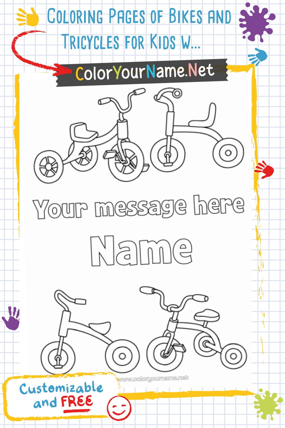 Coloring Pages of Bikes and Tricycles for Kids with Custom Name and ...
