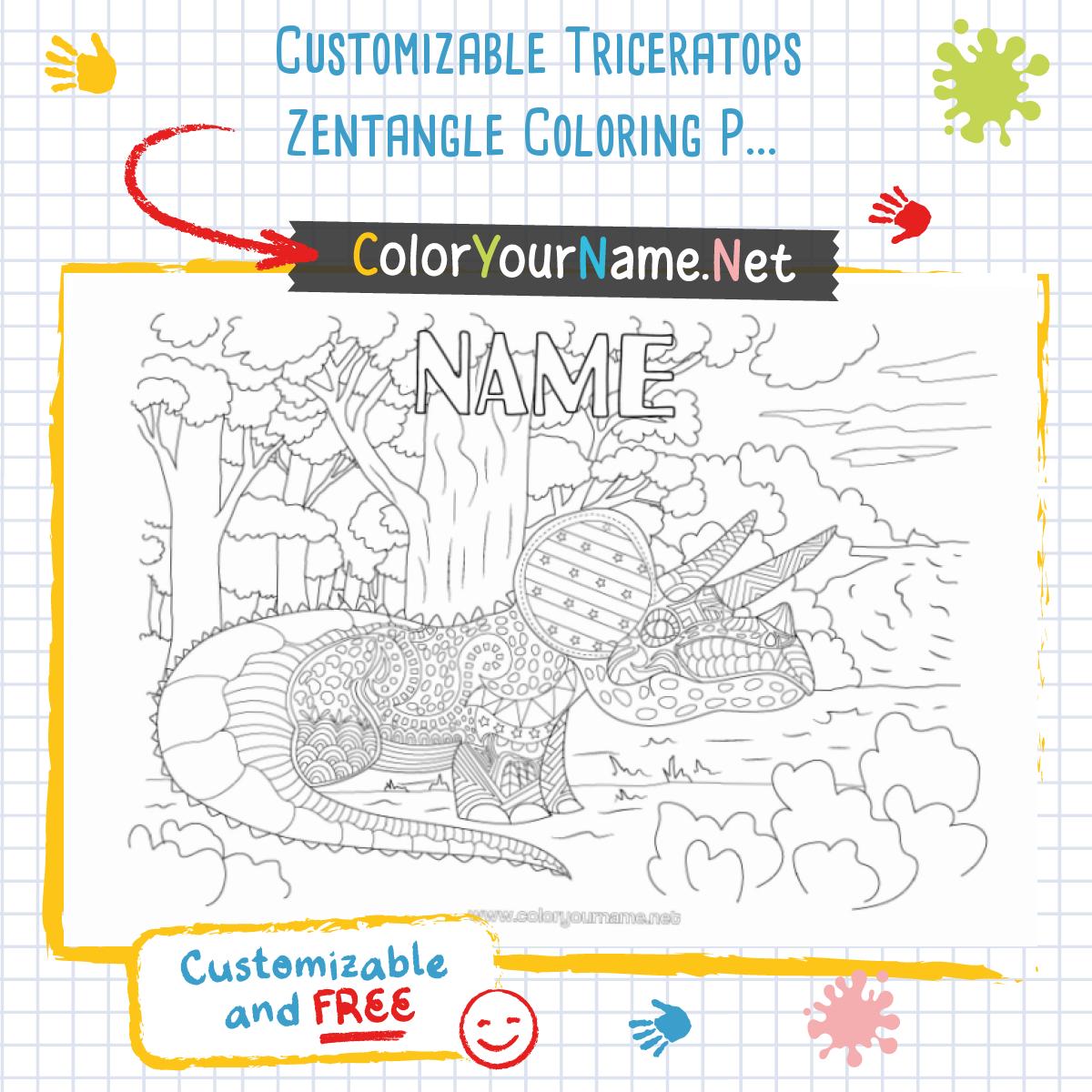 Customizable Triceratops Zentangle Coloring Page with Name – Detailed ...