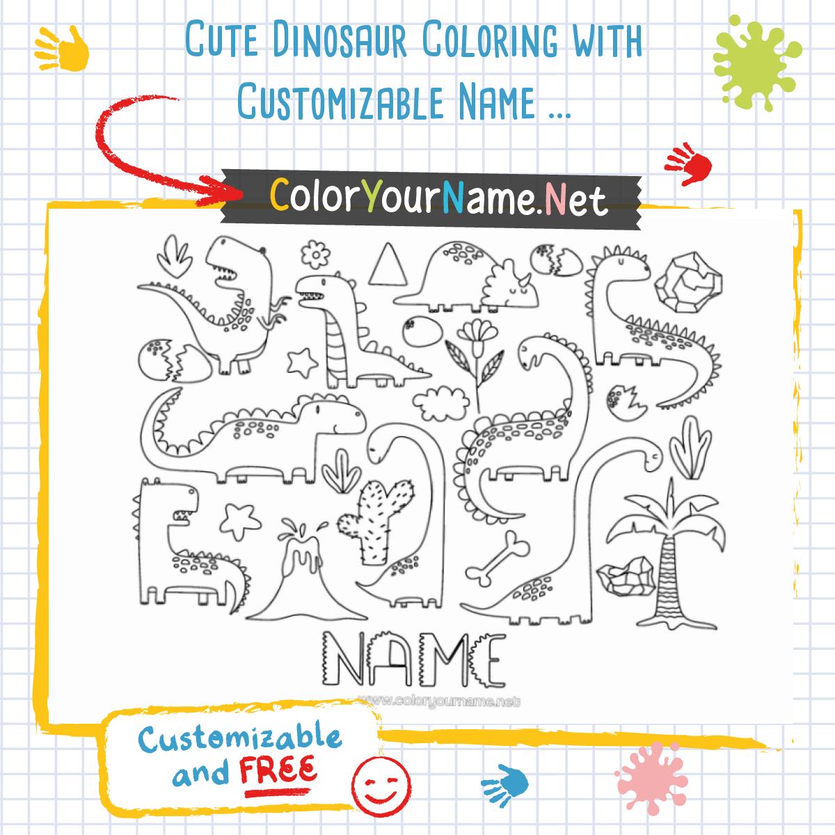 Cute Dinosaur Coloring with Customizable Name – Child’s Drawing ...