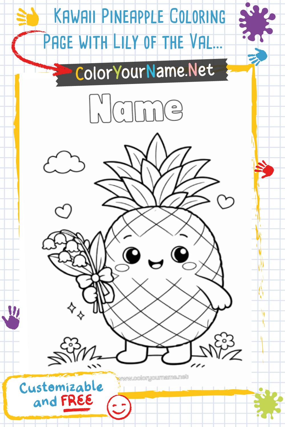 Kawaii Pineapple Coloring Page with Lily of the Valley and Customizable ...