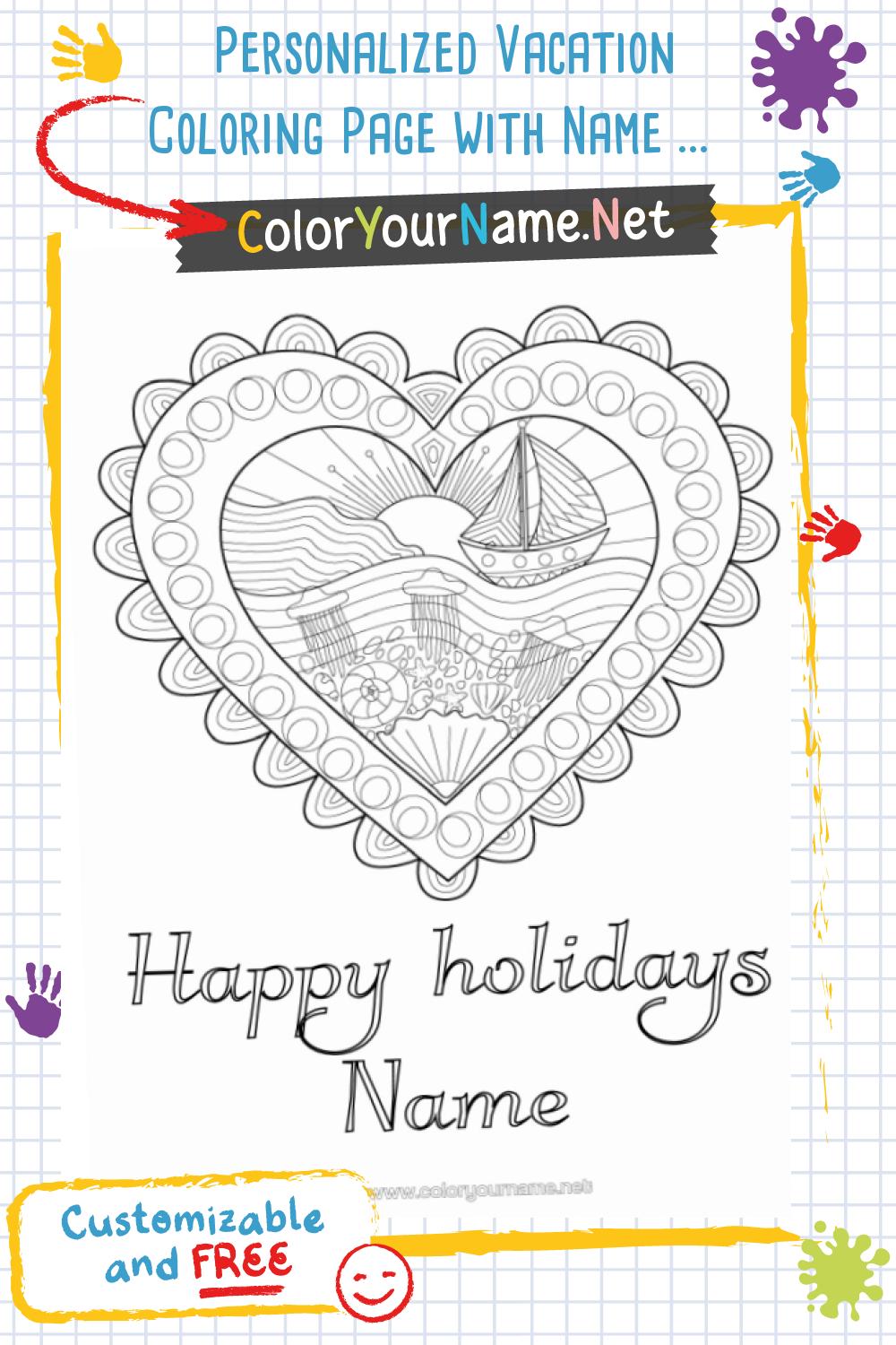Personalized Vacation Coloring Page with Name – Zentangle Heart and Sea ...