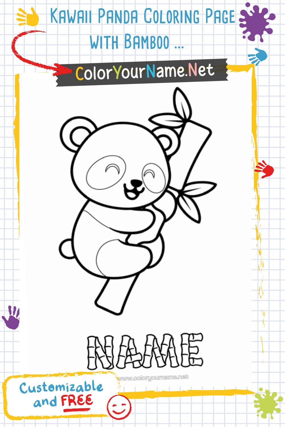 Kawaii Panda Coloring Page with Bamboo and Customizable Name - Cute ...