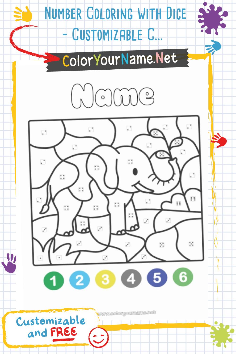 Number Coloring with Dice - Customizable Cute Elephant to Print