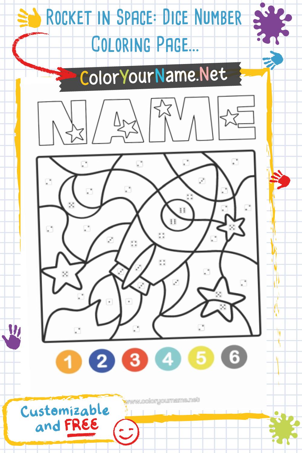 Rocket in Space: Dice Number Coloring Page to Personalize and Print