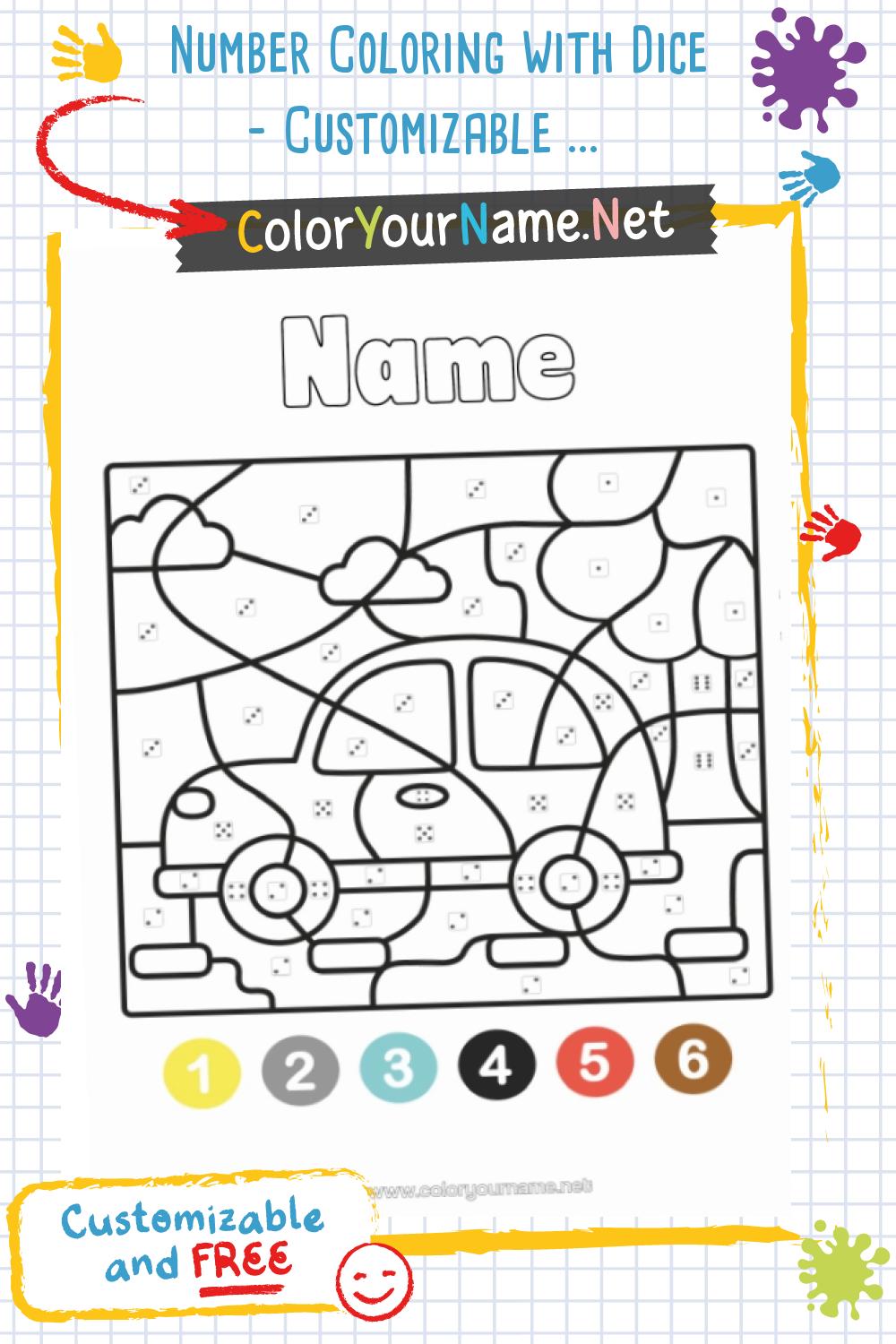 Number Coloring with Dice - Customizable and Printable Car