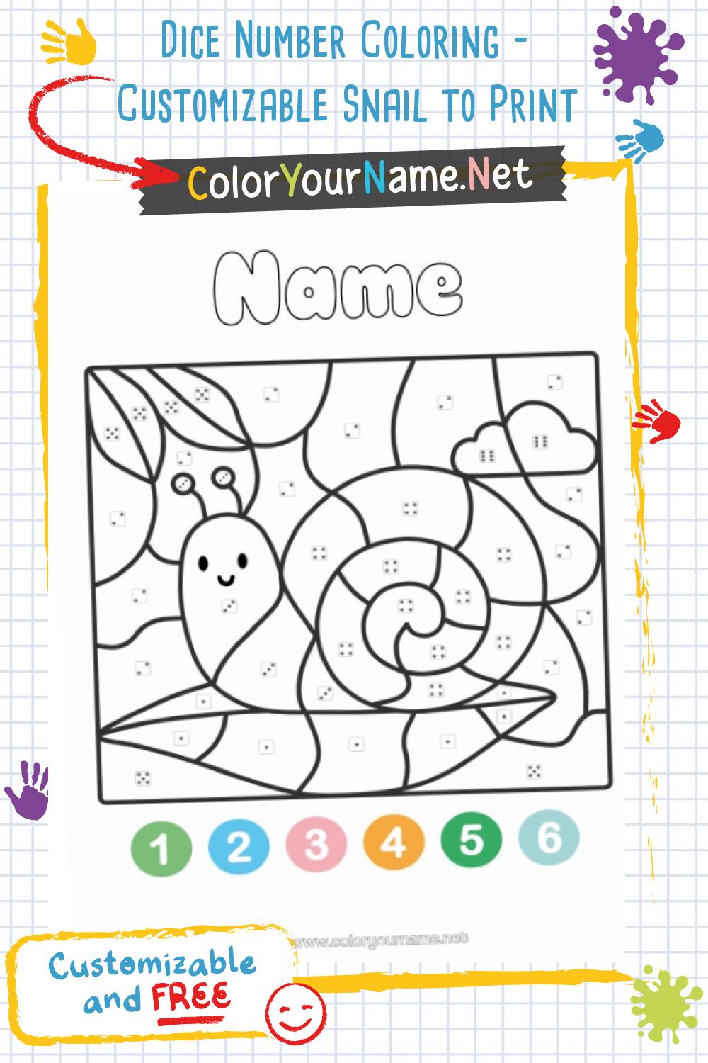 Dice Number Coloring - Customizable Snail to Print