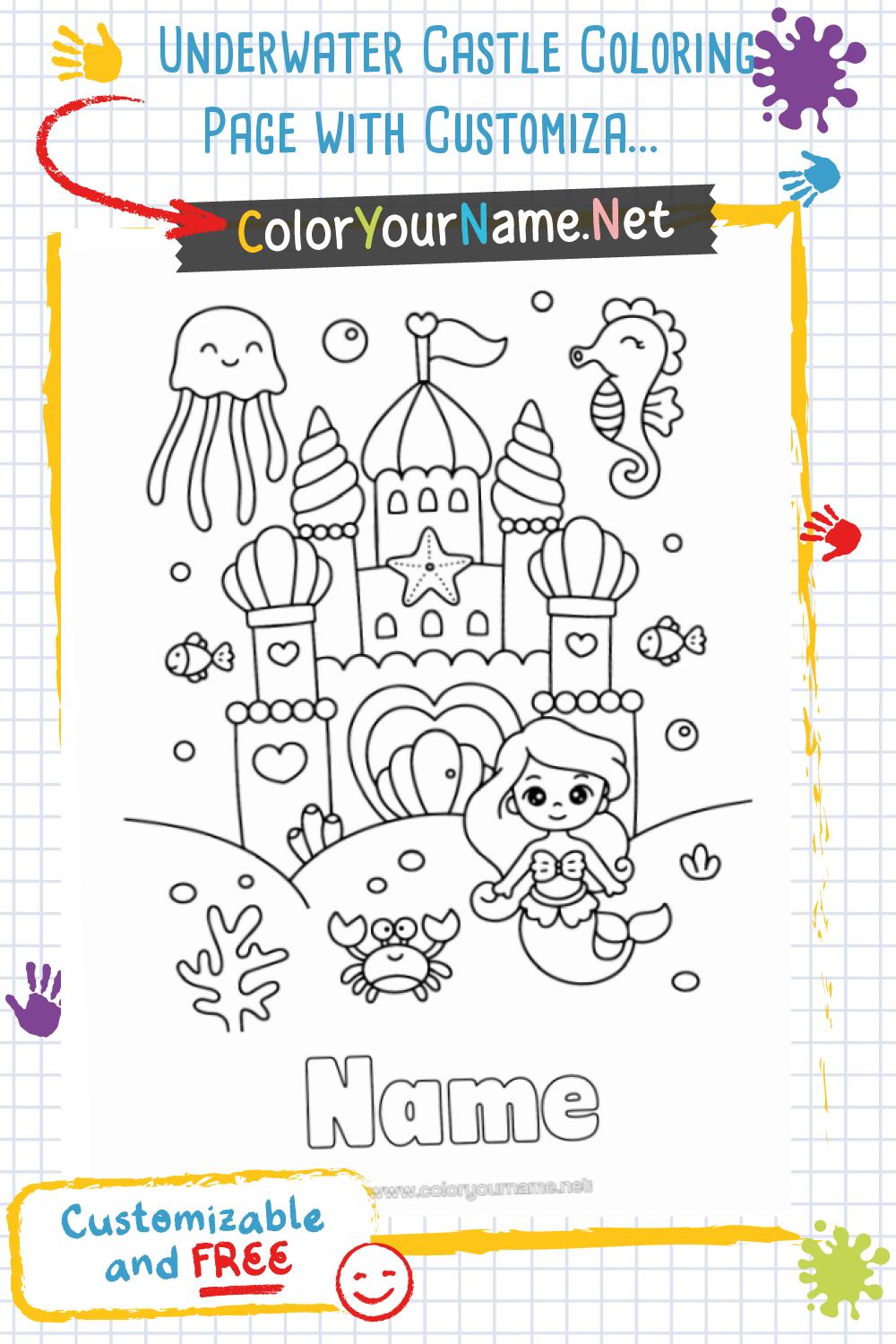 Underwater Castle Coloring Page with Customizable Mermaid – Enchanted ...