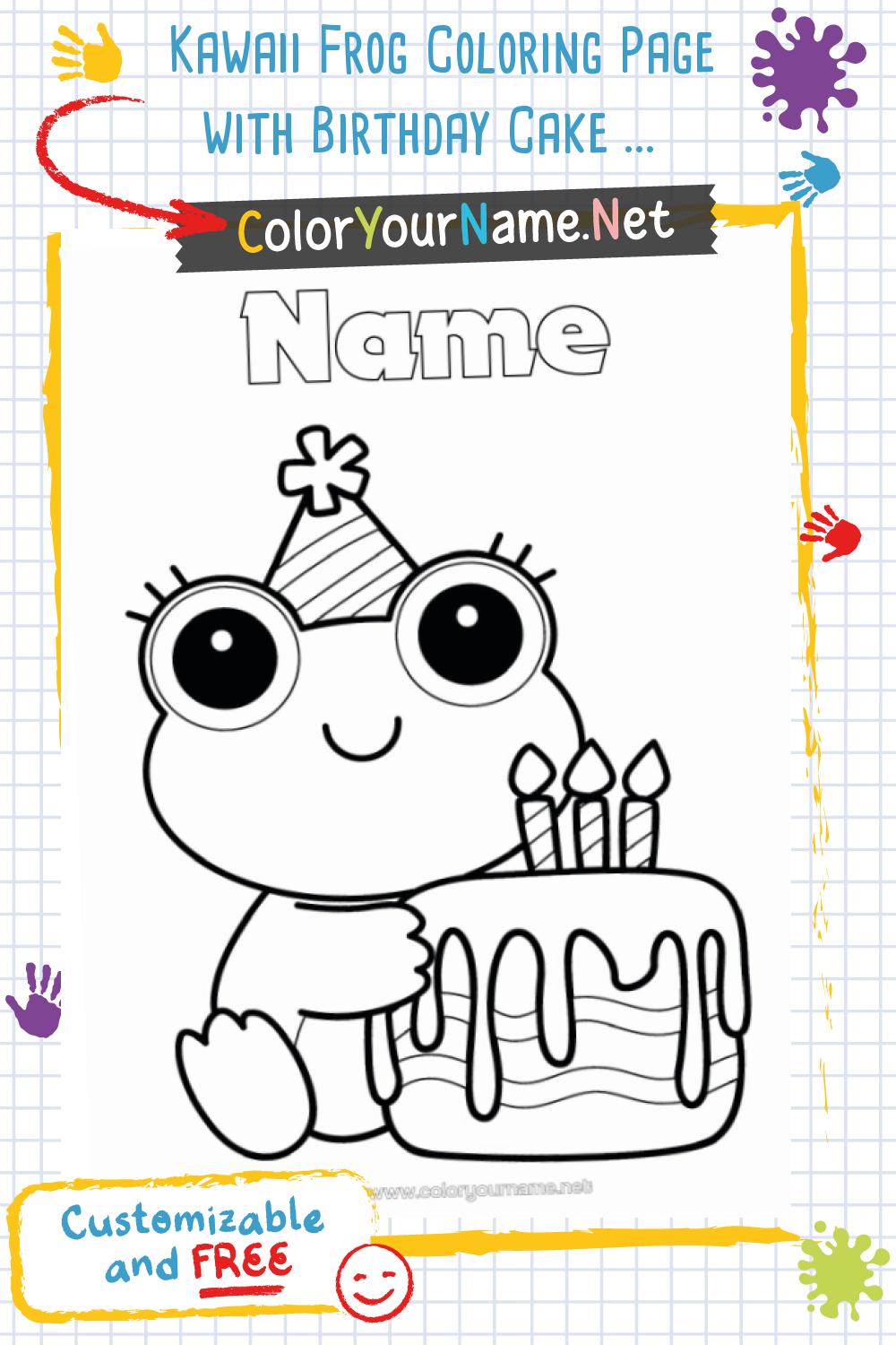 Kawaii Frog Coloring Page with Birthday Cake and Custom Name