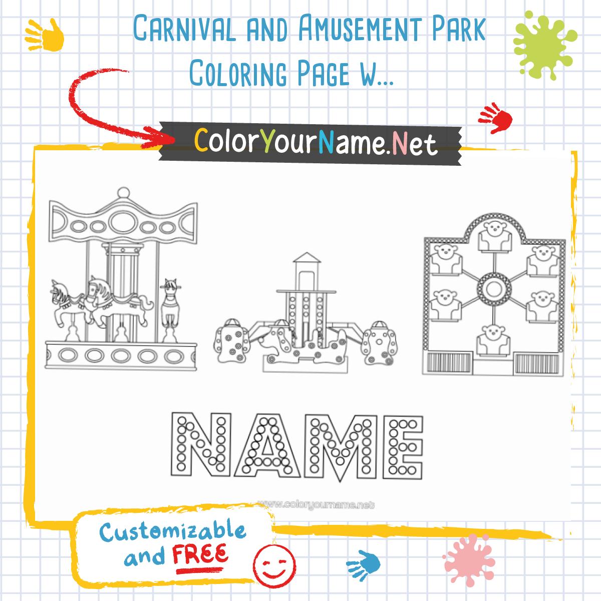 Carnival and Amusement Park Coloring Page with Customizable Name
