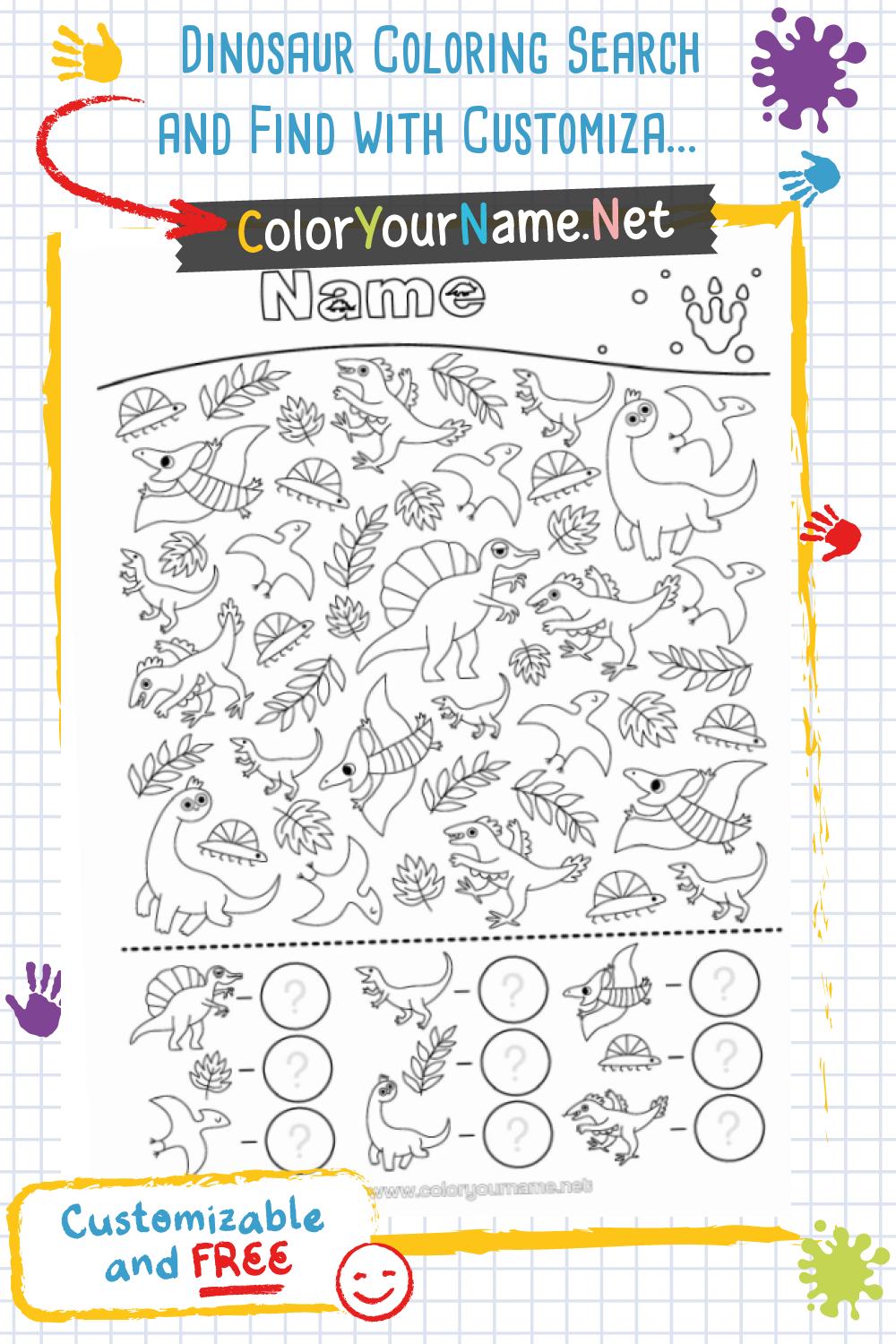 Dinosaur Coloring Search and Find with Customizable Name