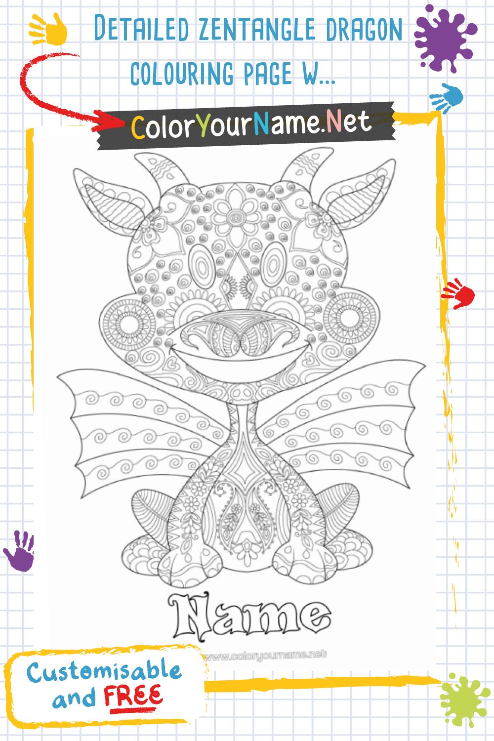 Detailed zentangle dragon colouring page with customisable name ...