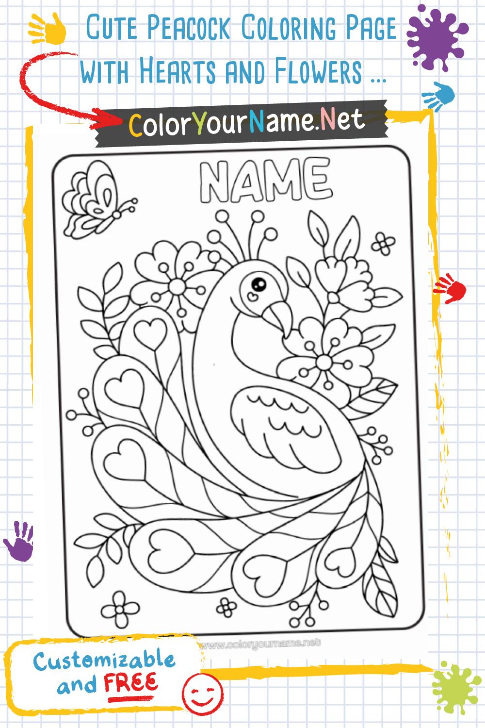 Cute Peacock Coloring Page with Hearts and Flowers – Customizable Name ...