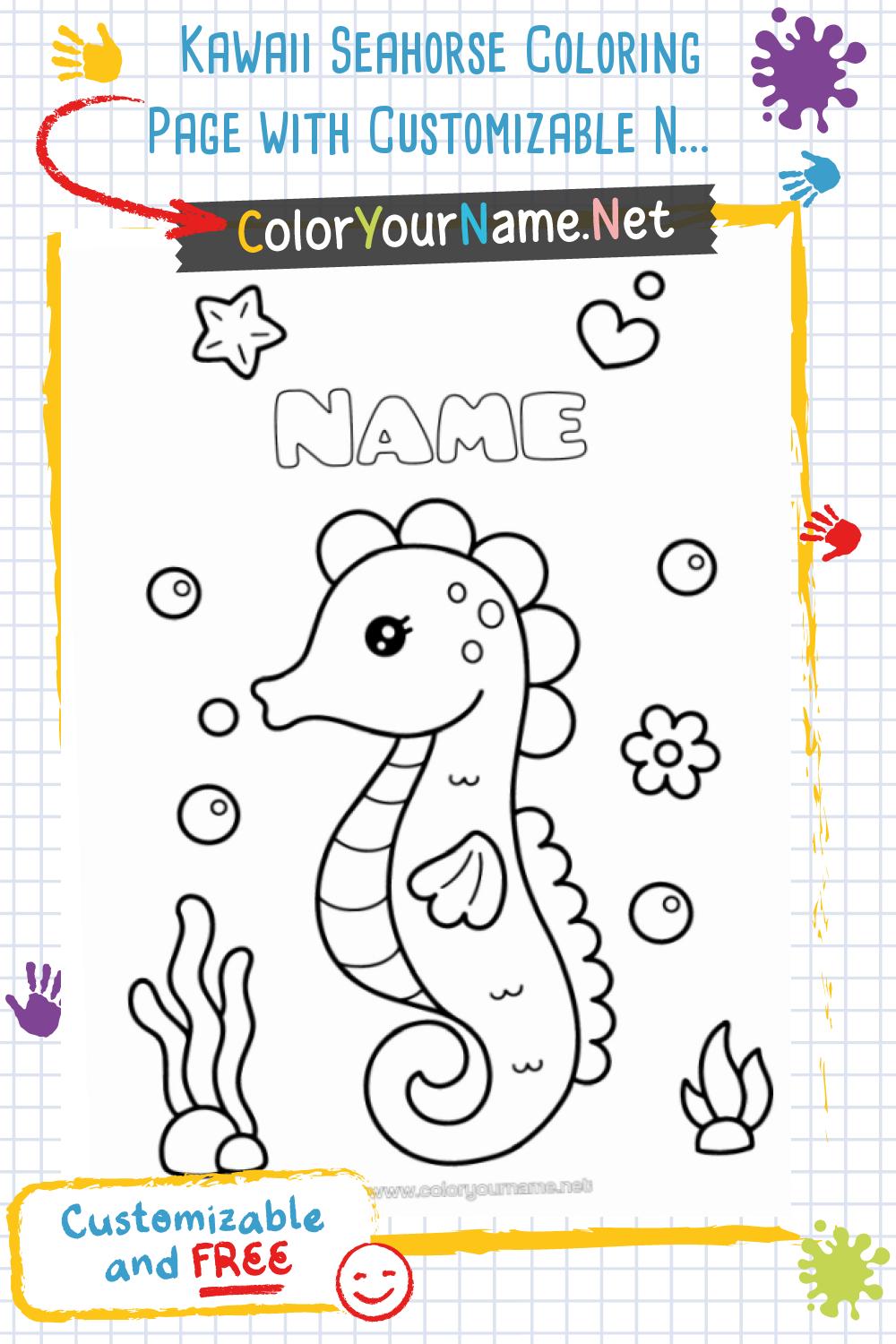 Kawaii Seahorse Coloring Page with Customizable Name – Cute Underwater ...