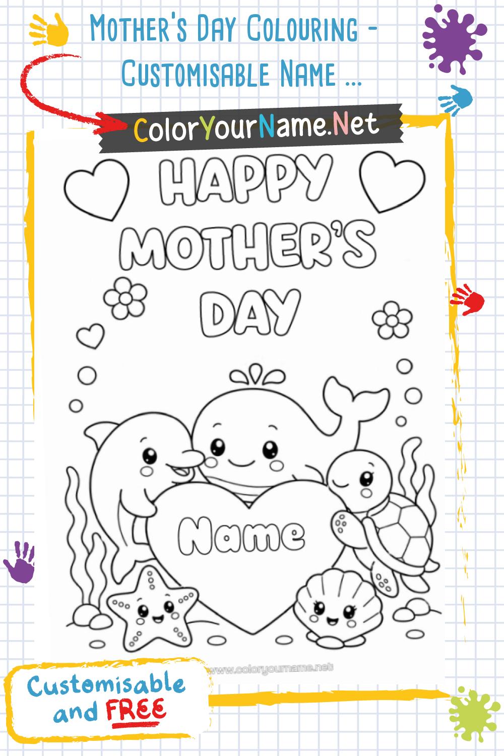 Mother's Day Colouring – Customisable Name – Kawaii Turtle and Sea Animals