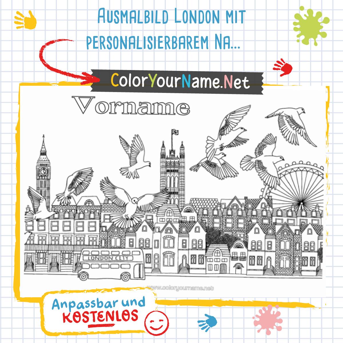 Ausmalbild London mit personalisierbarem Namen – Londoner Bus und ...
