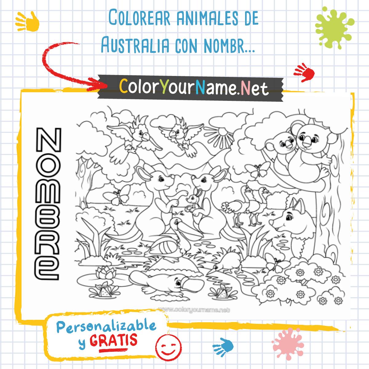 Colorear animales de Australia con nombre o mensaje personalizable