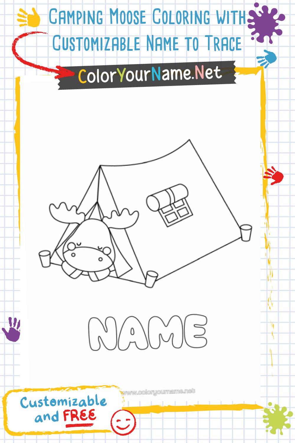 Camping Moose Coloring with Customizable Name to Trace