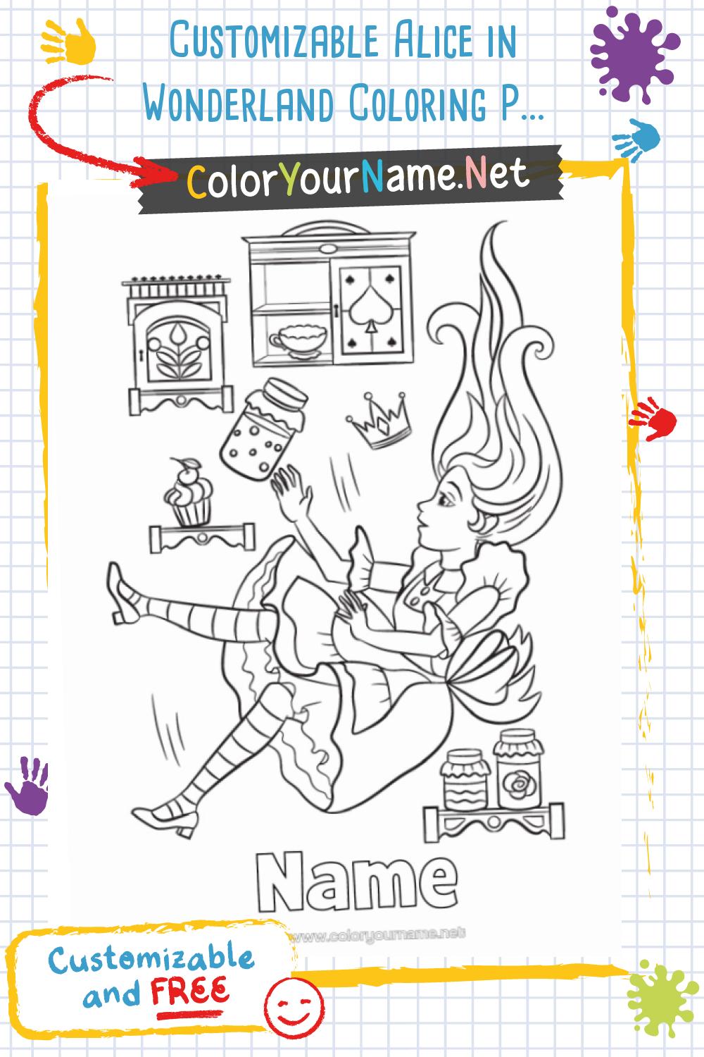Customizable Alice in Wonderland Coloring Page Falling Down the Rabbit Hole